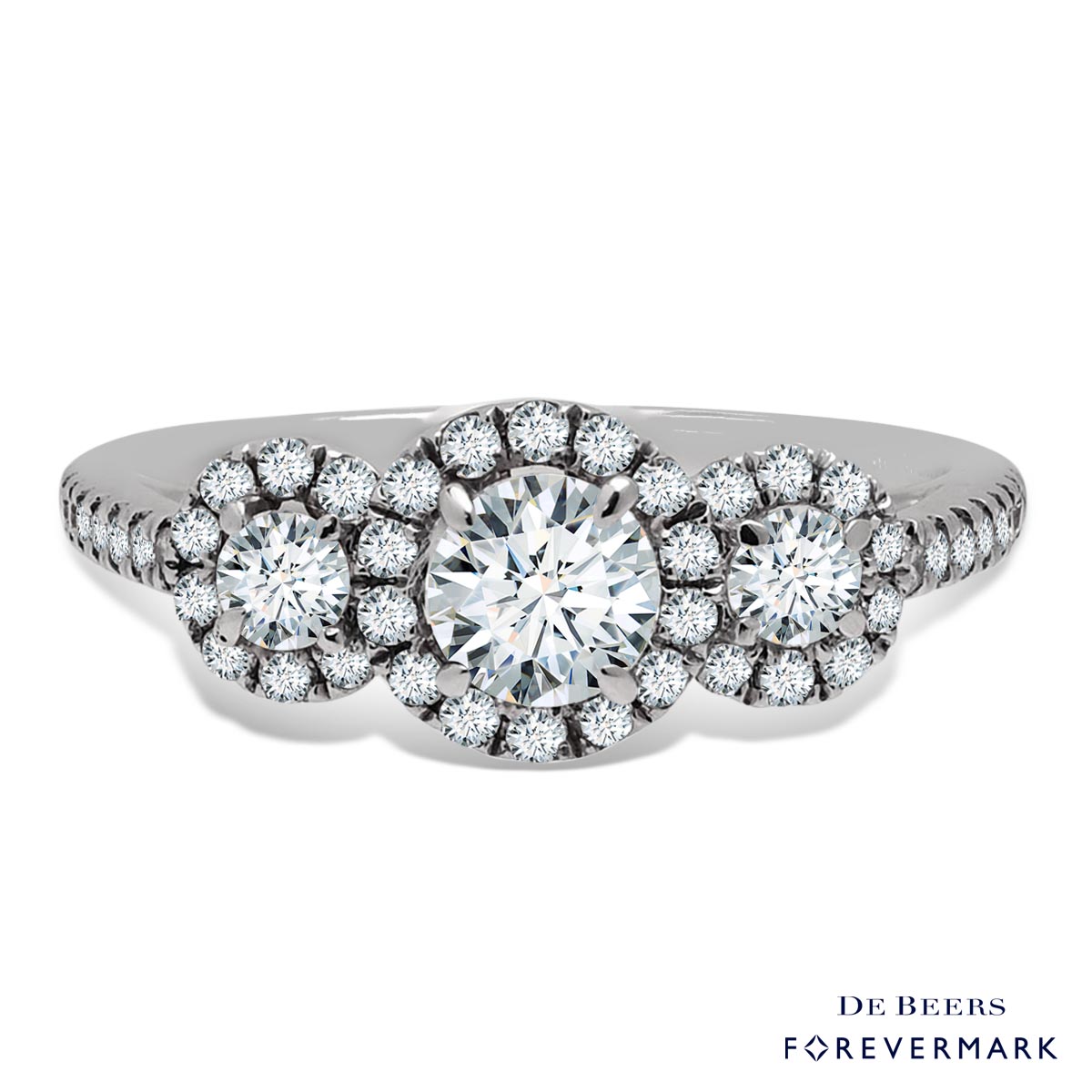 Forevermark Diamond Three Stone Halo Engagement Ring in 18kt White Gol ...