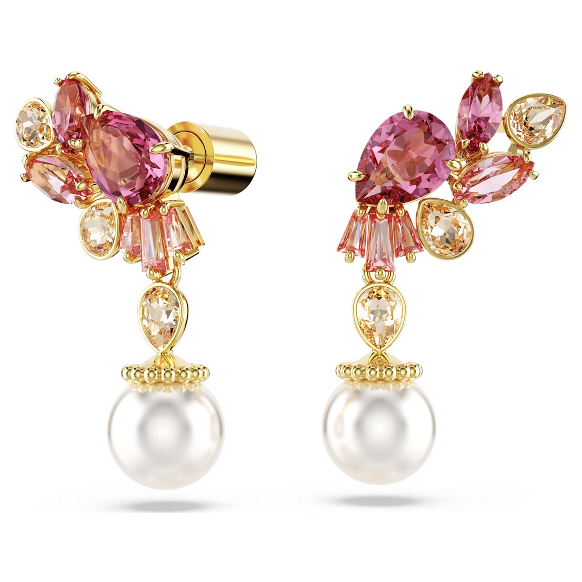 Swarovski Gema Pink Crystal Pearl Flower Drop Earrings