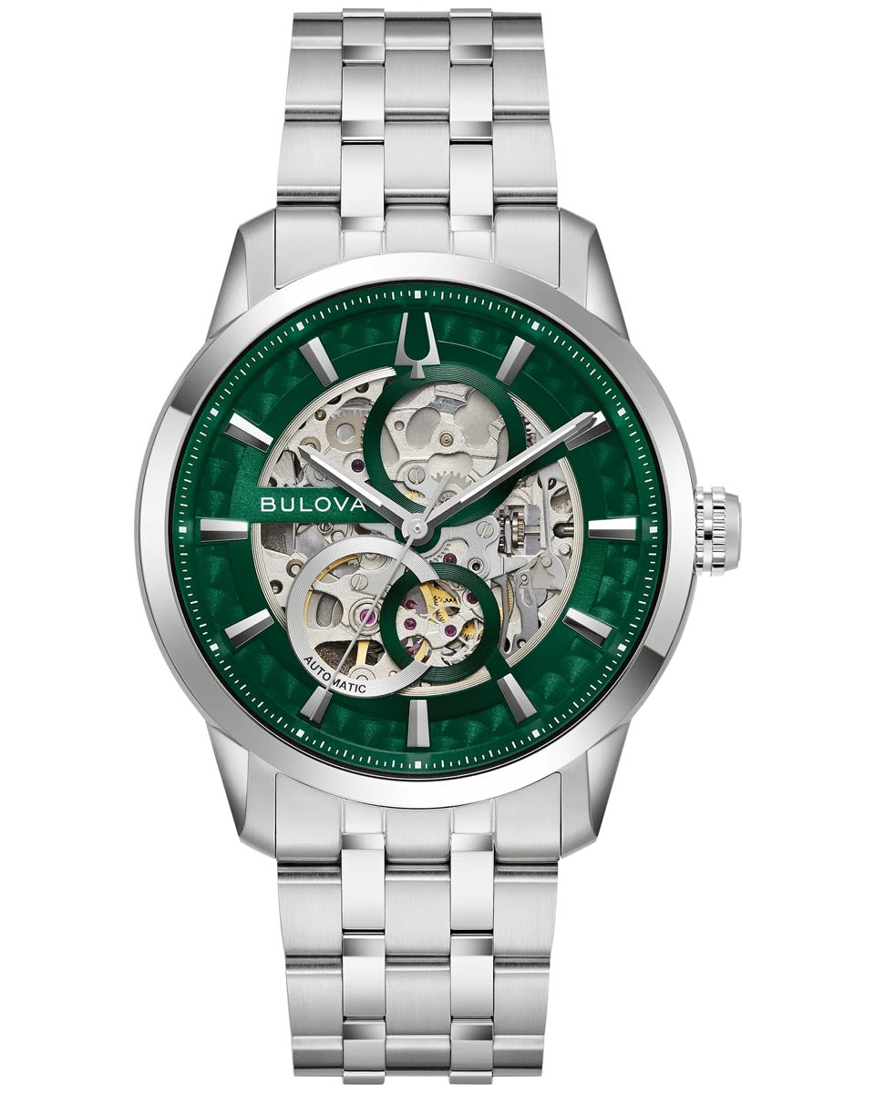 Bulova Sutton Watch with Green Skeleton Dial and Stainless Steel Brace ...